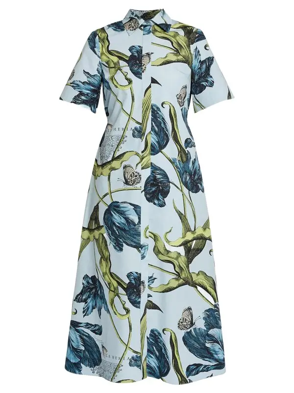 Erdem Floral Print Short Sleeve Shirt Dress - Light Blue
