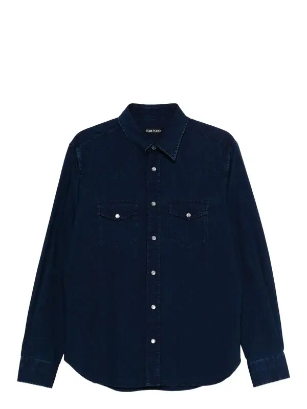 TOM FORD Pointed Collar Long Sleeve Button-up Shirt With Chest Pockets - Navy