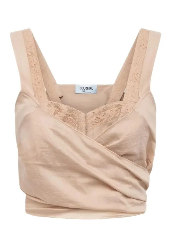 BLUGIRL Lace Trimmed Wrap Front Cropped Top - Beige