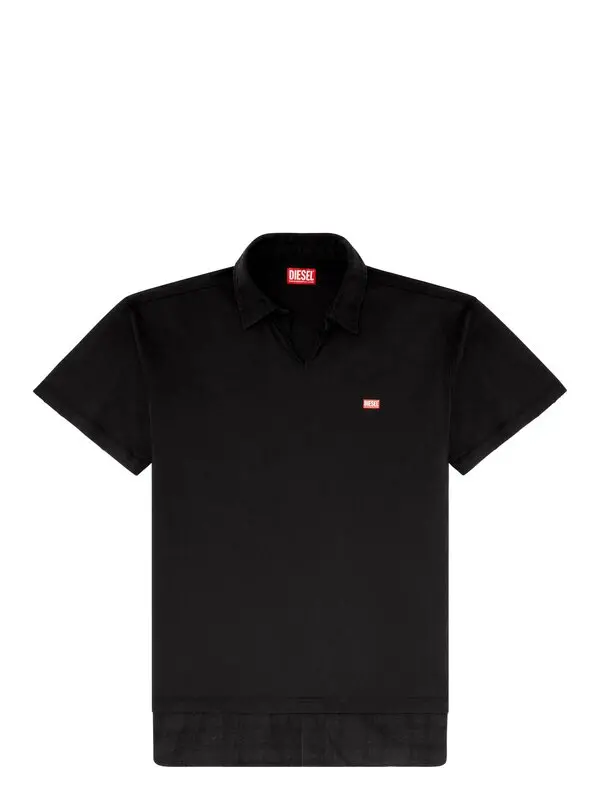 DIESEL® Checkered Flannel Collar Raw-edge V-neck Tee With Chest Transfer Label - Nero