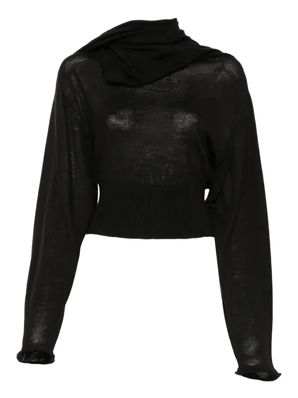 Rick Owens Long-sleeve Virgin Wool Top With Neck Scarf - Nero
