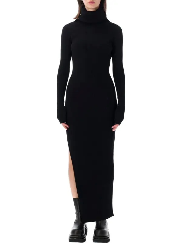 Rick Owens Ribbed Knit Turtleneck Midi Dress With Side Slit - Nero