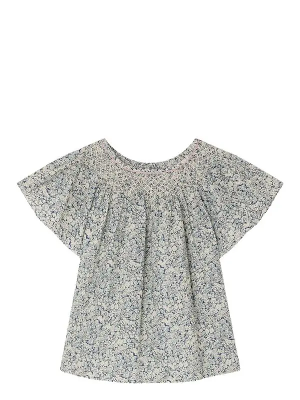 Bonpoint Floral Print Smocked Mini Top With Short Sleeves - Navy