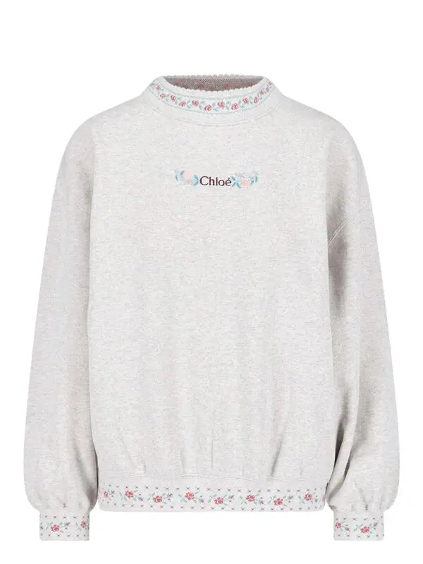 Chloé Cotton Ribbed Sweater With Embroidered Floral Detail - Grey