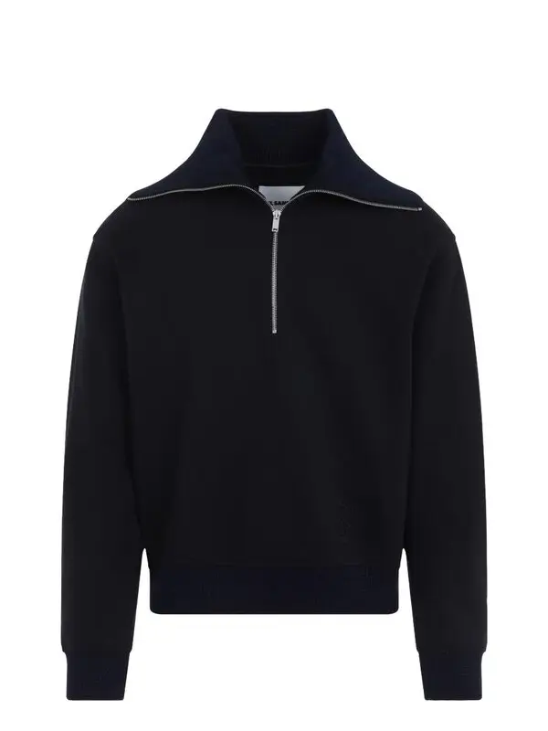 JIL SANDER Zip Closure Knit Sweater With Tonal Logo And Ribbed Trims Long Sleeve - Navy
