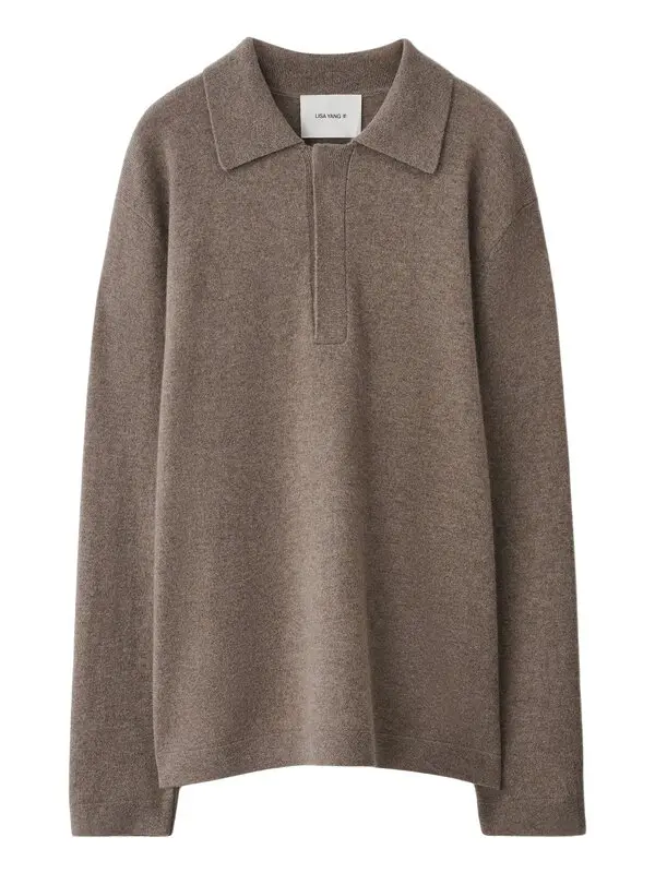 LISA YANG Cashmere Polo Collar Long Sleeve Top - Marrone