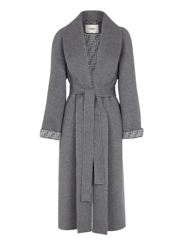 Fendi Wool Midi Coat With Shawl Collar And Matching Belt - Grey