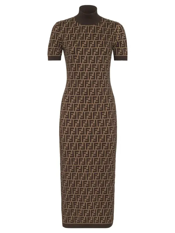 Fendi Cotton Knit Ff Motif Jacquard Midi Dress - Brown