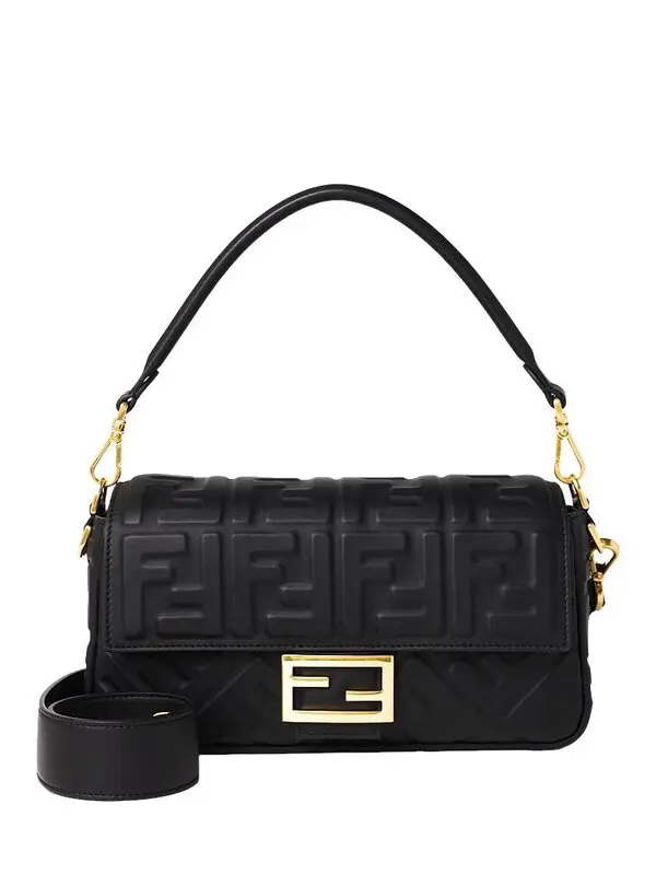 Fendi Baguette Bag In Nappa Leather With Embossed Ff Motif - Black