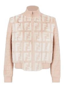 Fendi Ff Motif Velvet And Viscose Knit Bomber Jacket With Mink Insert - Pink
