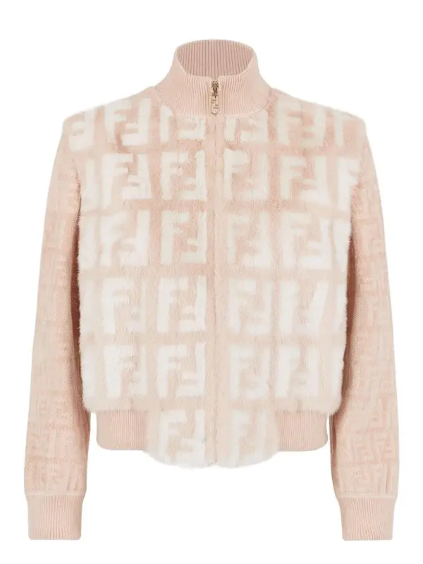 Fendi Ff Motif Velvet And Viscose Knit Bomber Jacket With Mink Insert - Pink
