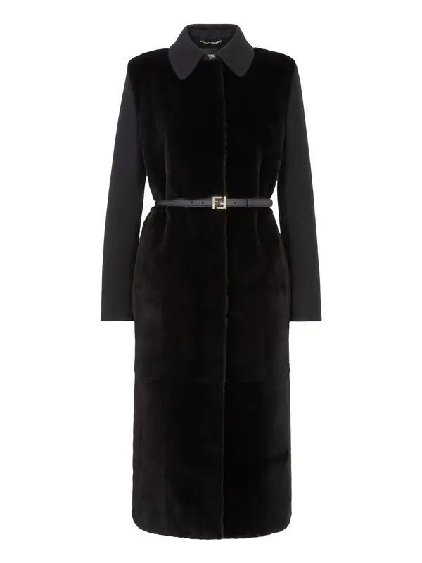 Fendi Long Single-breasted Coat With Shearling Detail - Black