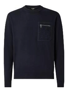 Fendi Wool Crew Neck Jumper With Zipped Pocket - Blue