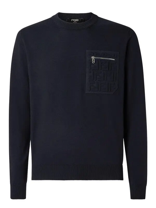 Fendi Wool Crew Neck Jumper With Zipped Pocket - Blue
