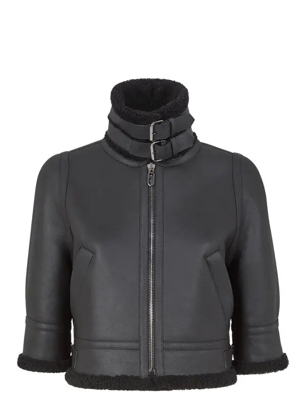 Fendi Cropped Aviator Bomber Jacket With Shearling Lining - Black