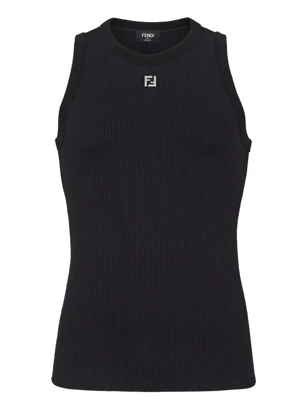 Fendi Fitted Ribbed Cotton Top With Ff Detail - Black