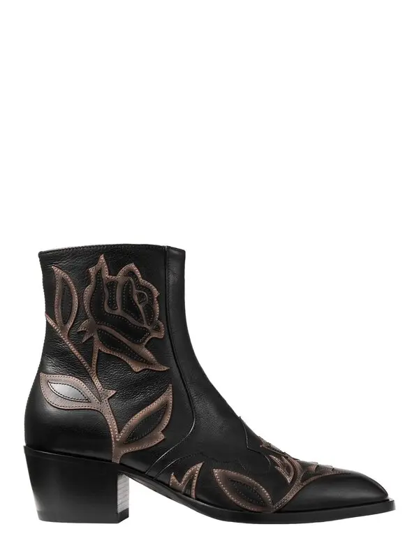 JIMMY CHOO Wilder Boot Mix Vintage Leather Ankle Boots With Rose Appliqu - Black