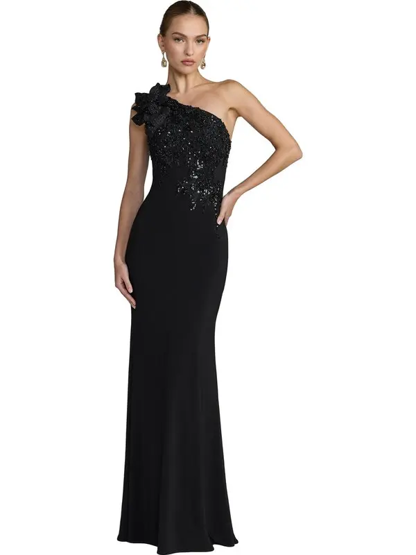 Mac Duggal Embroidered One Shoulder Gown With 3d Flower Appliqu - Black