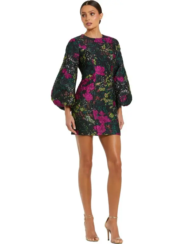 Mac Duggal Black Floral Brocade Puff Sleeve Mini Dress - Black Multi