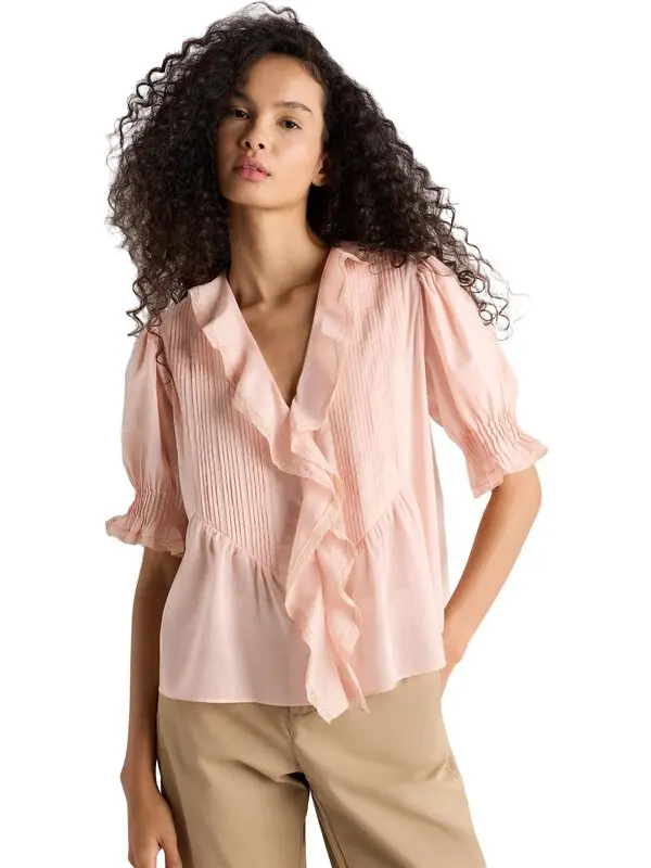 Quince Organic Cotton Voile Short Sleeve Peasant Blouse - Ballet Slipper
