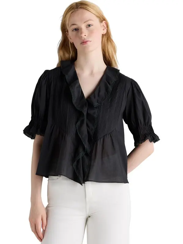 Quince Organic Cotton Voile Short Sleeve Peasant Blouse - True Black