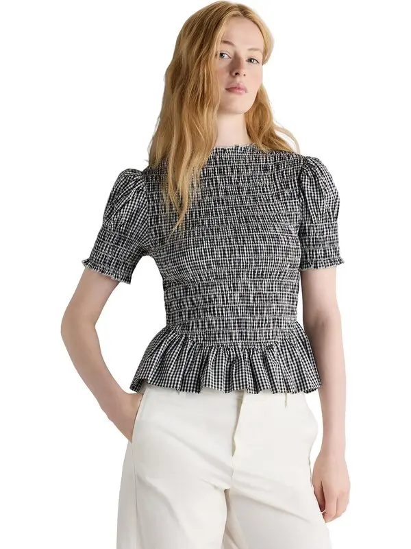 Quince Cotton Viscose Voile Smocked Peplum Top - Classic Mini Gingham