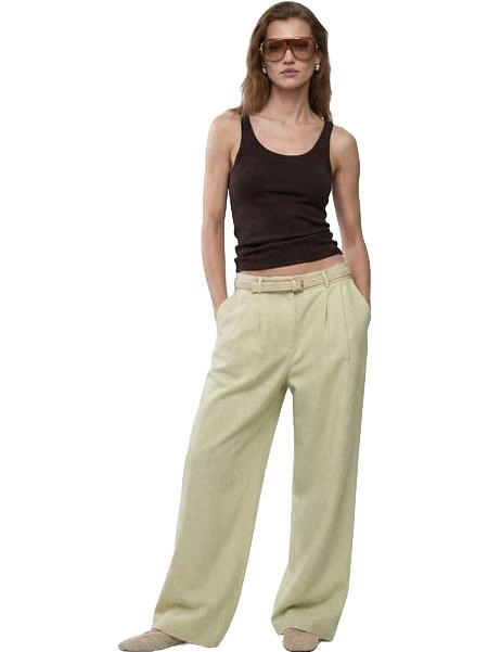 Koton Belted Linen Wide Leg Trousers - Sage