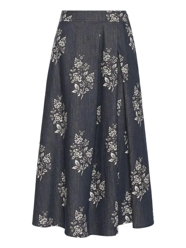 Max Mara Pleated Floral Print Cotton Skirt - Navy