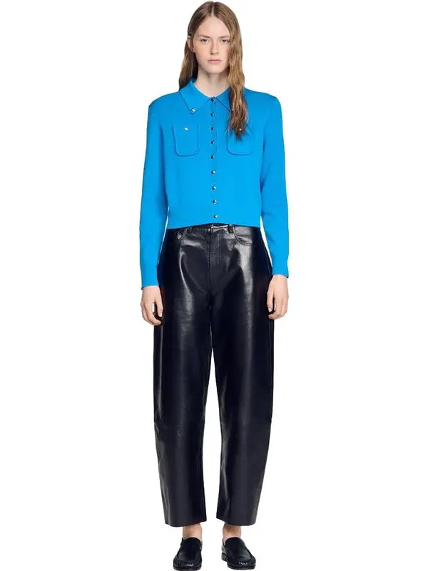 Sandro Cropped Cardigan With Metal Buttons - Blue