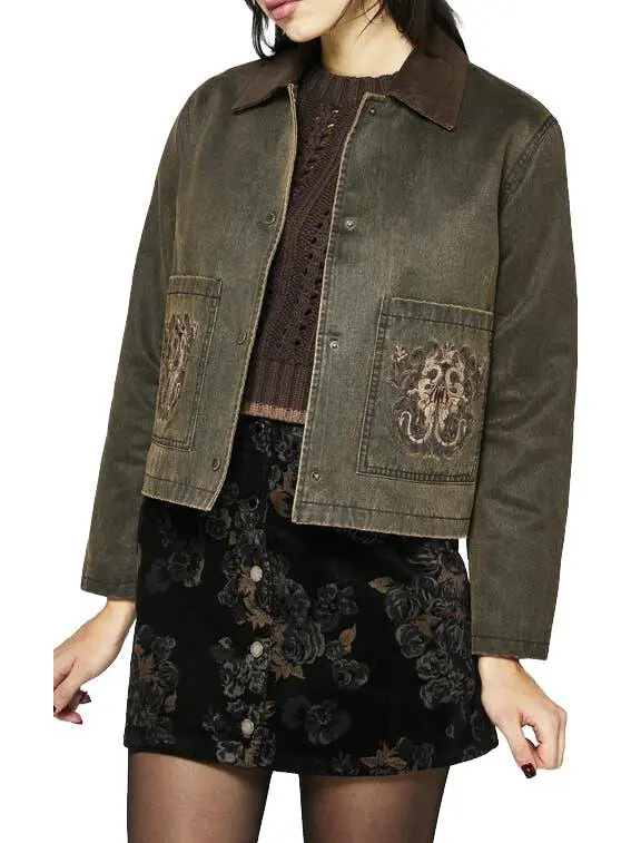 DISTURBIA Cropped Waxed Utility Jacket With Embellishments - Brown