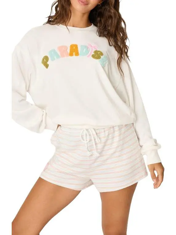 PJ Salvage Paradise Bouclé Sweatshirt And Striped Shorts Lounge Set - Ivory