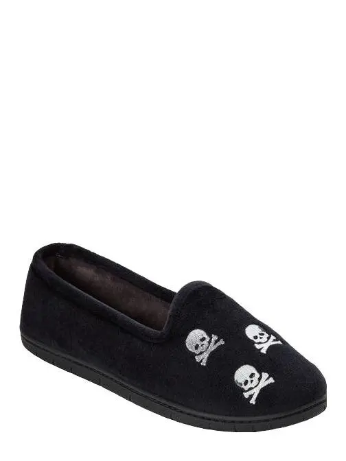 DEARFOAMS Velour Skull Embroidered Slip-on Slippers - Black