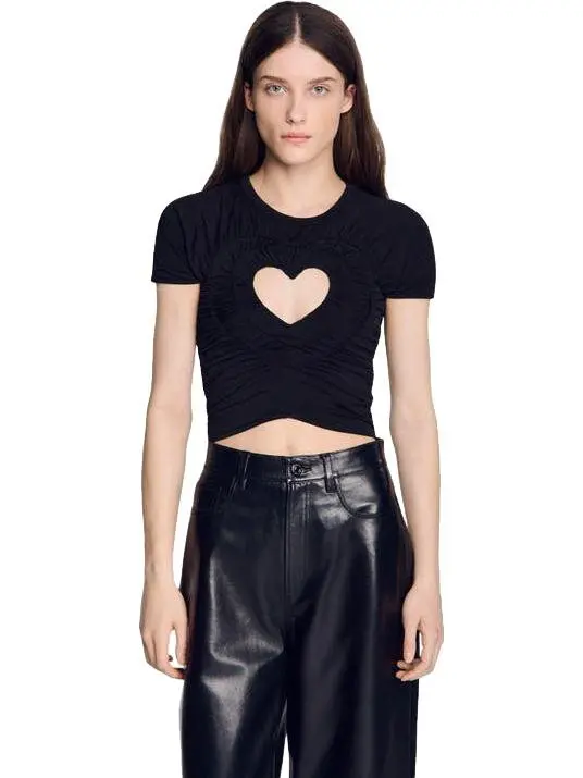 Sandro Ruched Heart Cropped T-shirt - Black