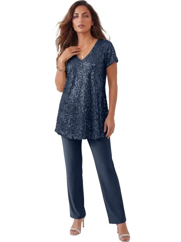 Roaman's Two-piece Sequin Tunic And Trouser Set - Navy