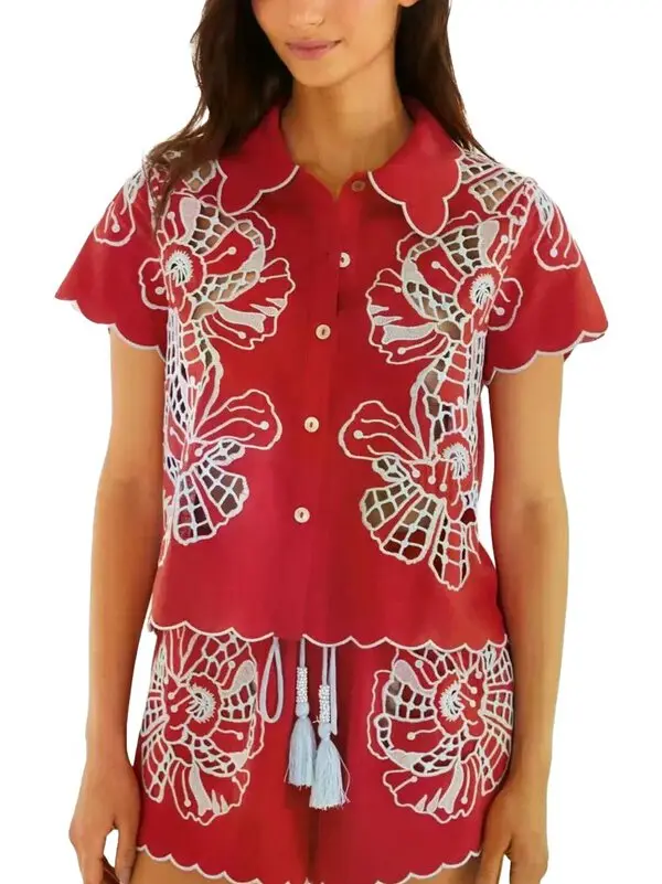 Farm Rio Embroidered Floral Shirt - Red