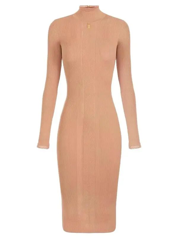 Elisabetta Franchi Ribbed Knit Turtleneck Dress With Logo Detail - Neutrals