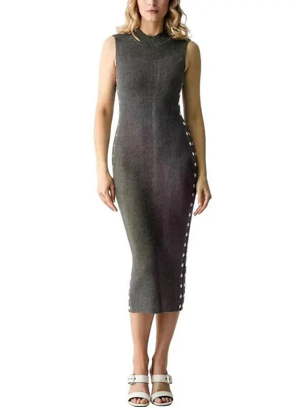 Karl Lagerfeld Ribbed Knit Stud Embellished Sleeveless Fitted Dress - Grey