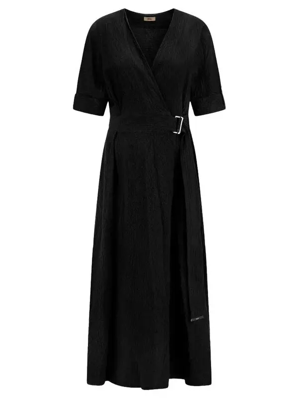 Herno Belted Seersucker Midi Dress - Black