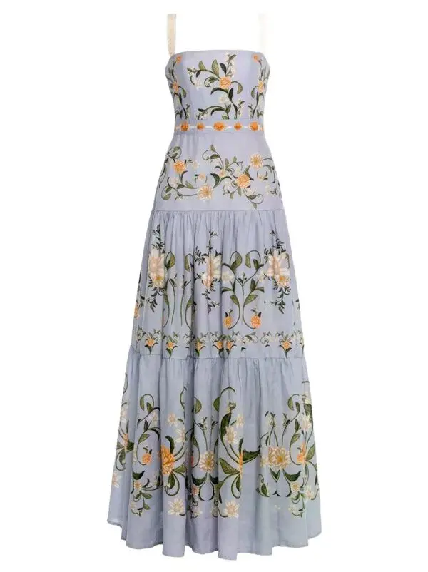 Agua Bendita Lima Embroidered Linen Maxi Dress - Blue