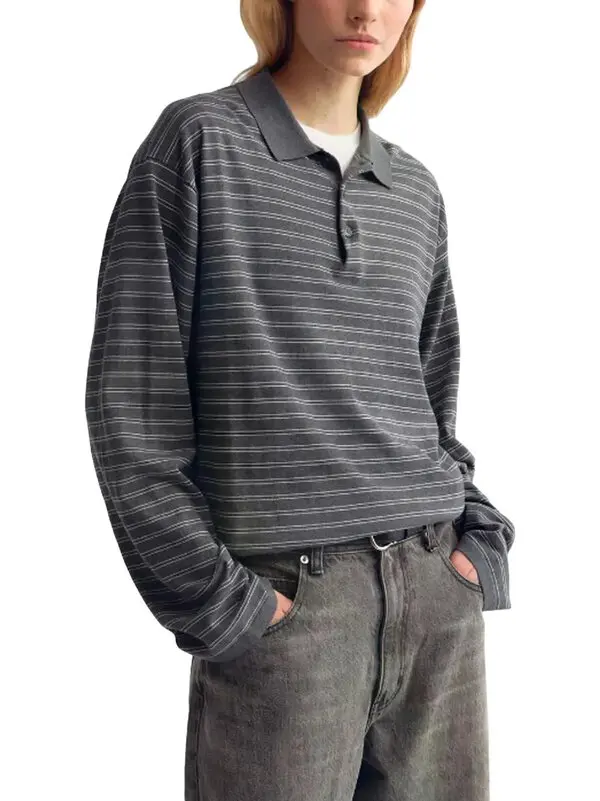 NILI LOTAN Striped Long-sleeve Polo Shirt - Grey