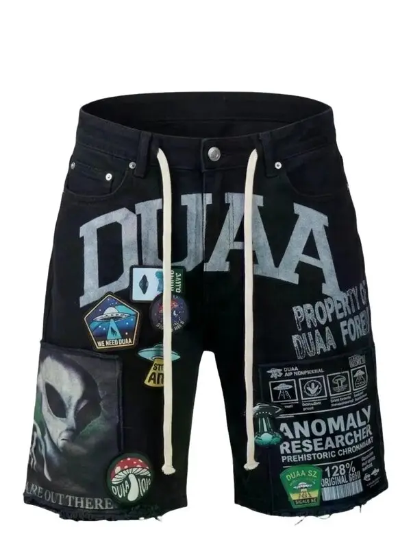 DUAA Graphic Print Rhinestone Embellished Denim Shorts - Black