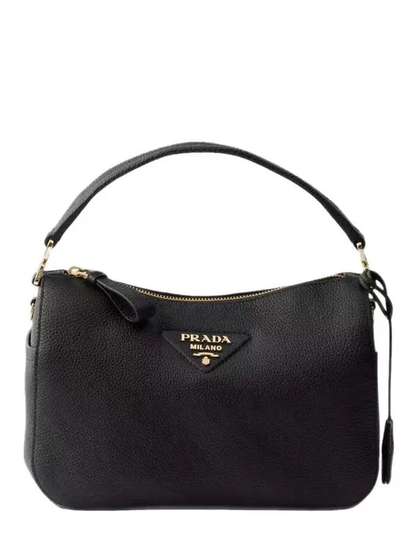 Prada Small Grained Leather Bag With Metal Lettering Logo - Black