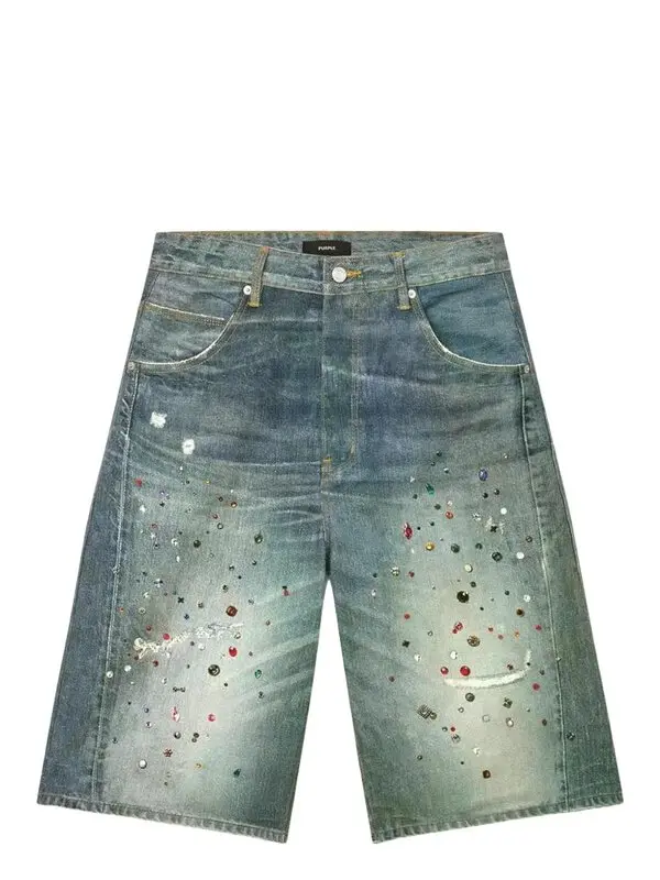 PURPLE BRAND Jewel Embellished Digital Print Wide Leg Denim Shorts - Blue