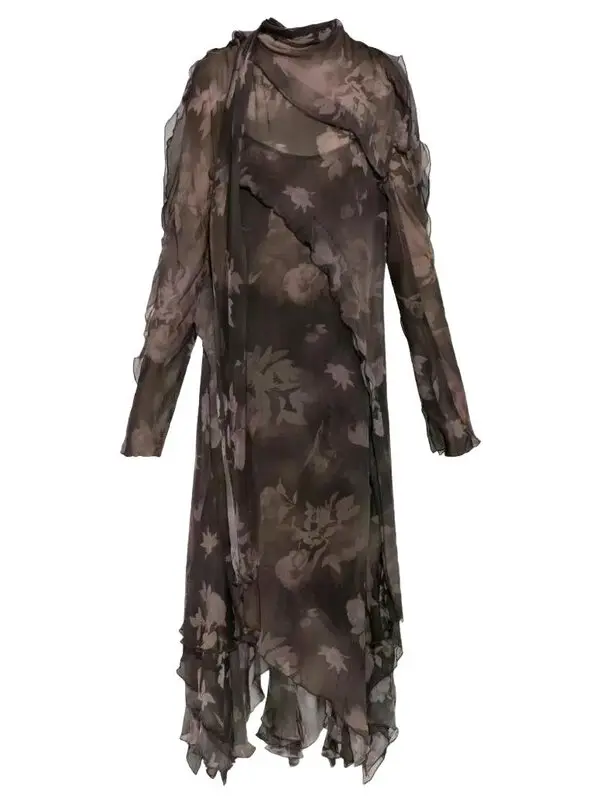 DIESEL® Floral Print Ruffled Midi Dress - Brown