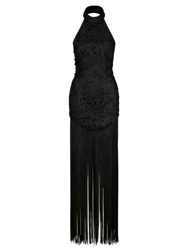 ATOIR Ruched Fringe Halterneck Maxi Dress - Black