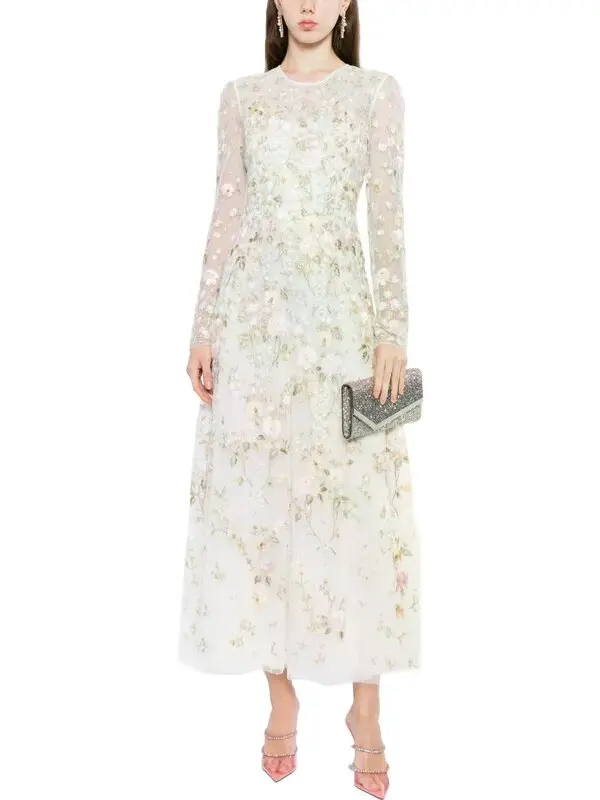 NEEDLE & THREAD Garden Rose Embroidered Gown - Neutrals