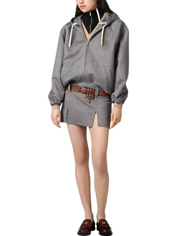 Miu Miu Logo Patch Drawstring Hoodie - Grey