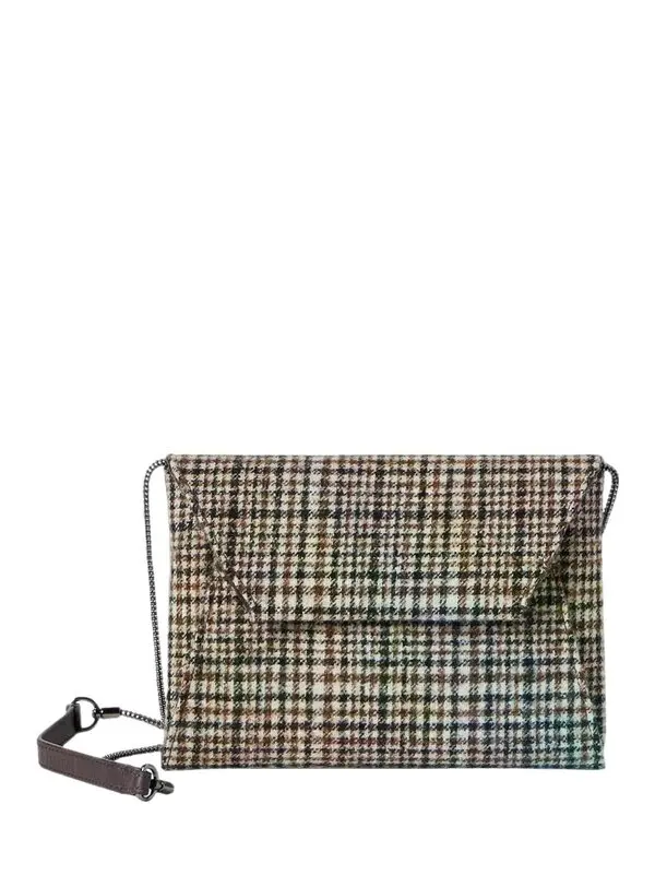 Brunello Cucinelli Duo Pochette In Alpaca And Wool Check With Chain - Neutrals