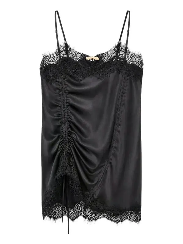 Gold Hawk Lace-trim Ruched Camisole Top - Black