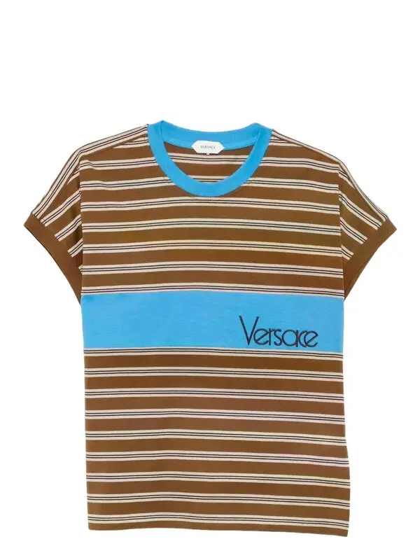 Versace Logo-embroidered Striped T-shirt - Brown